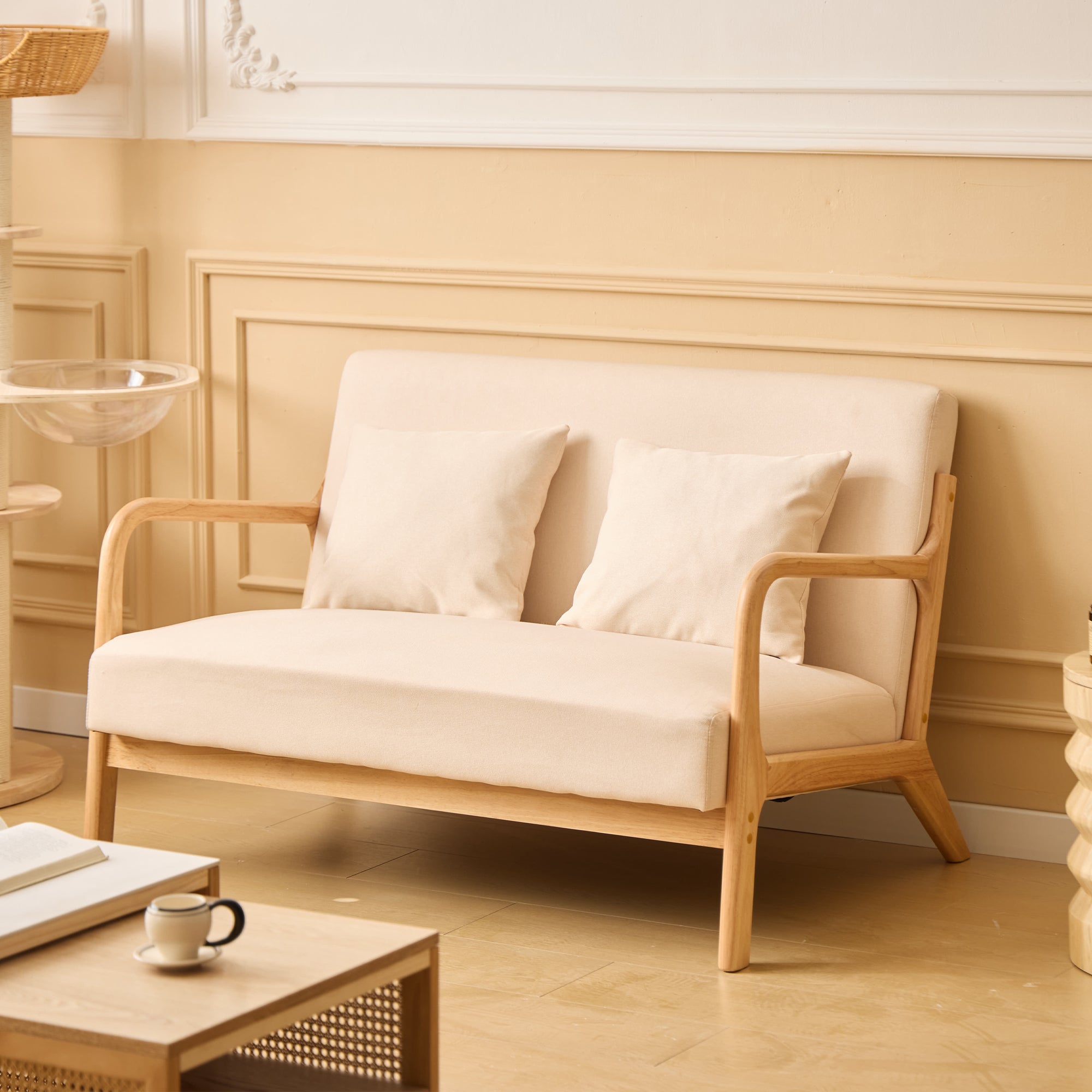 OHAMA - Banquette scandinave 2 places en bois et tissu beige – Nordlys