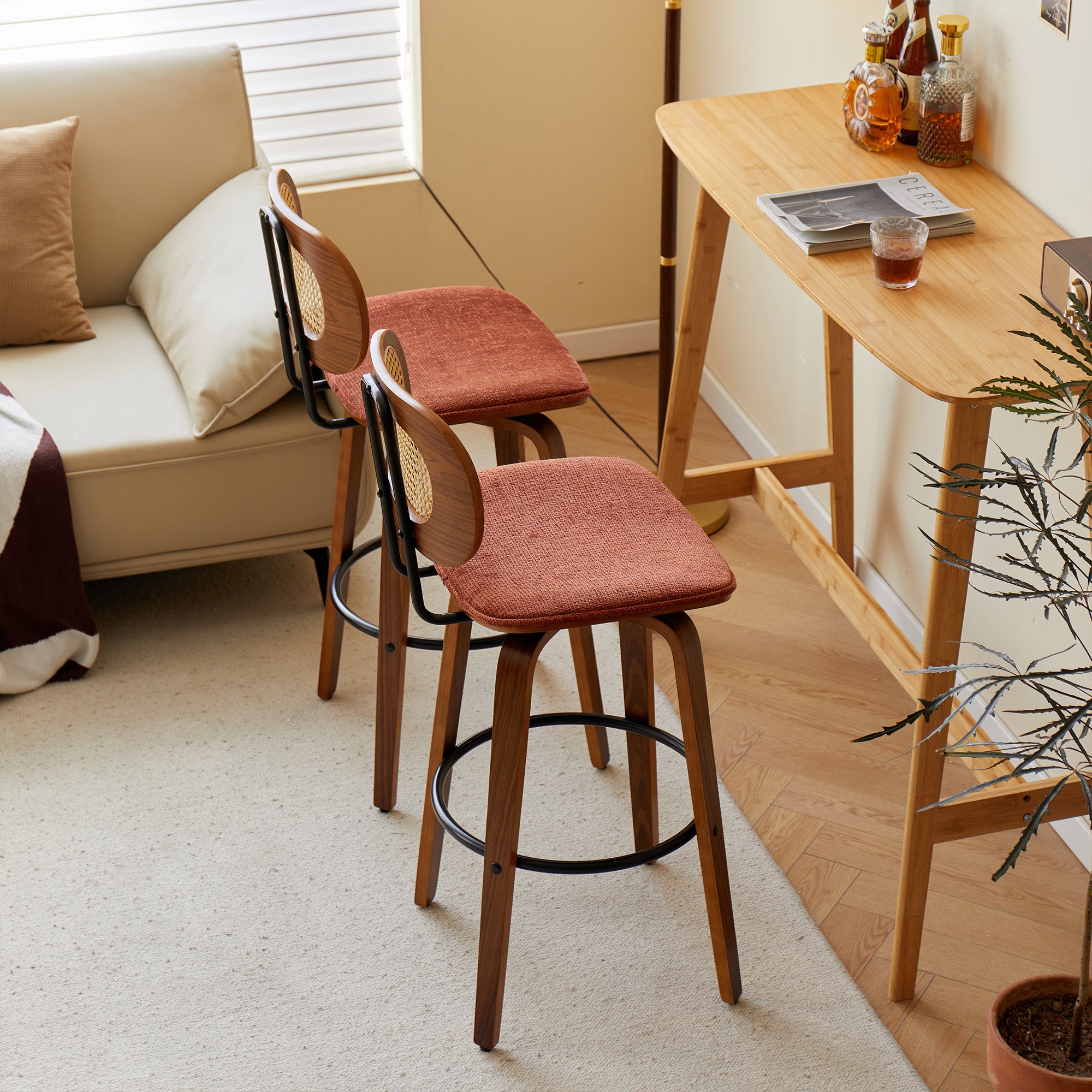 ALESUND - Set of 2 solid wood bar stools with terracotta cane seating ...